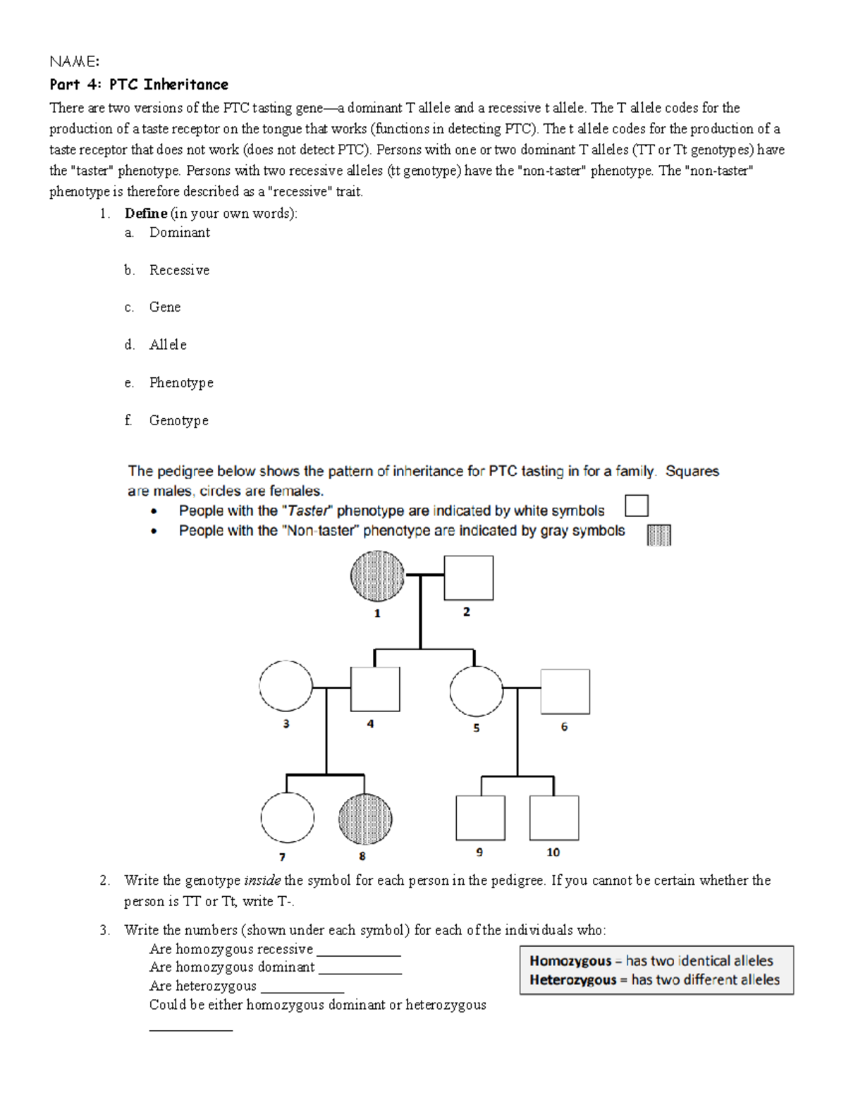 Reading guide (pedigree) - NAME: Part 4: PTC Inheritance There are two ...