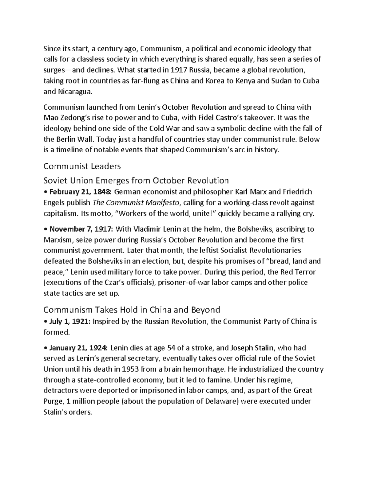 Communism Notes - Since its start, a century ago, Communism, a ...