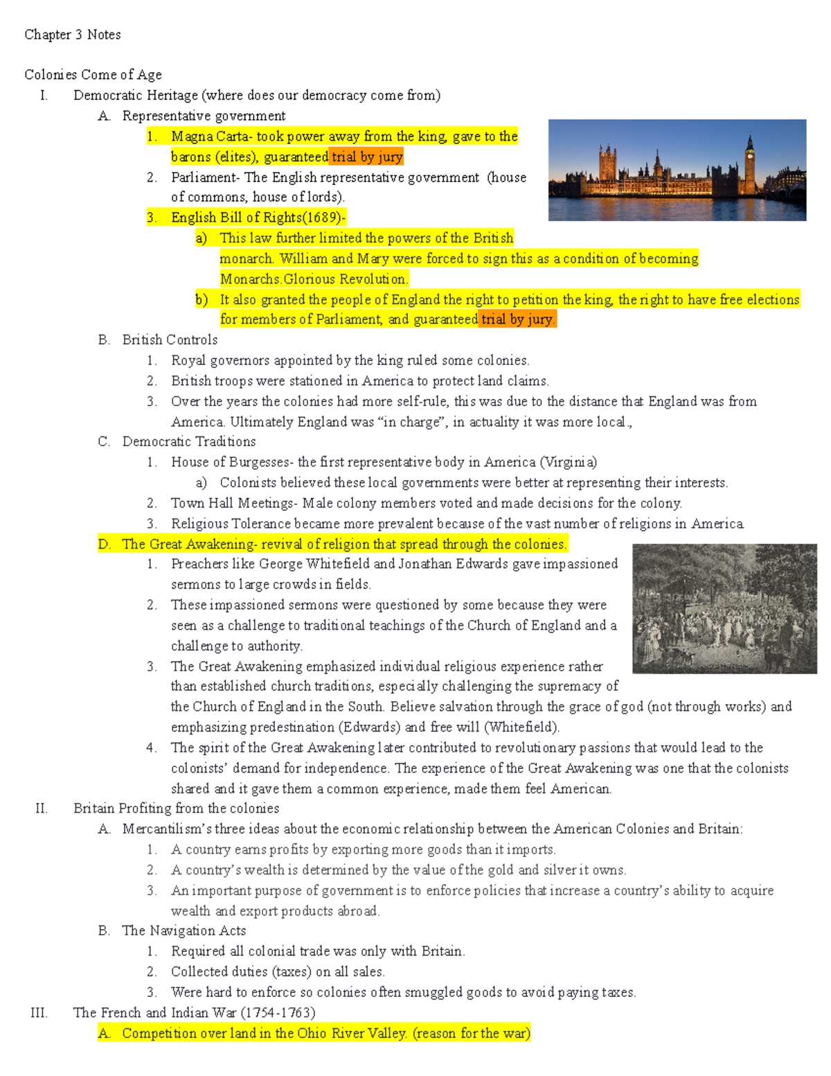 Buck's Chapter 3 Notes - copy - Chapter 3 Notes Colonies Come of Age I ...