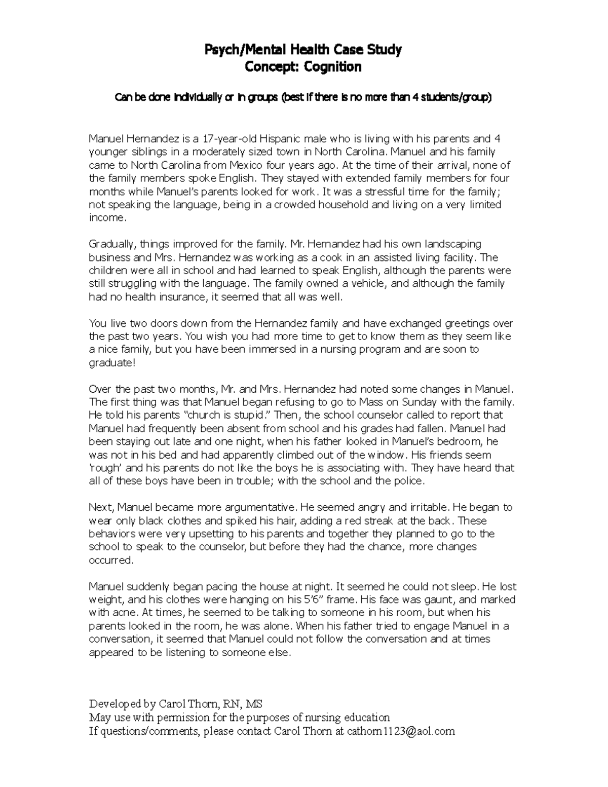 Adolescent psych case study - Psych/Mental Health Case Study Concept: Cognition Can be done ...