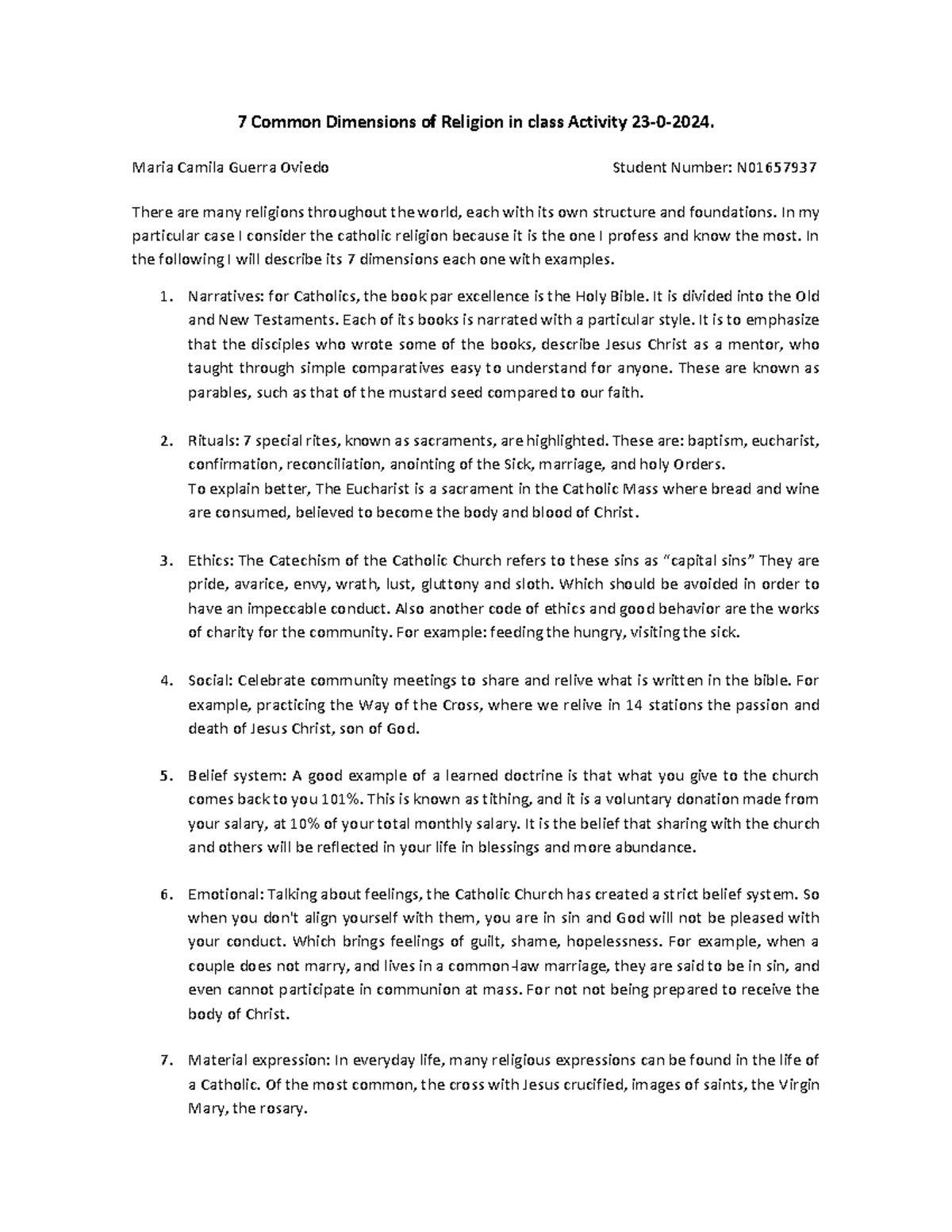 7 Common Dimensions of Religion in class Activity - Maria Camila Guerra ...