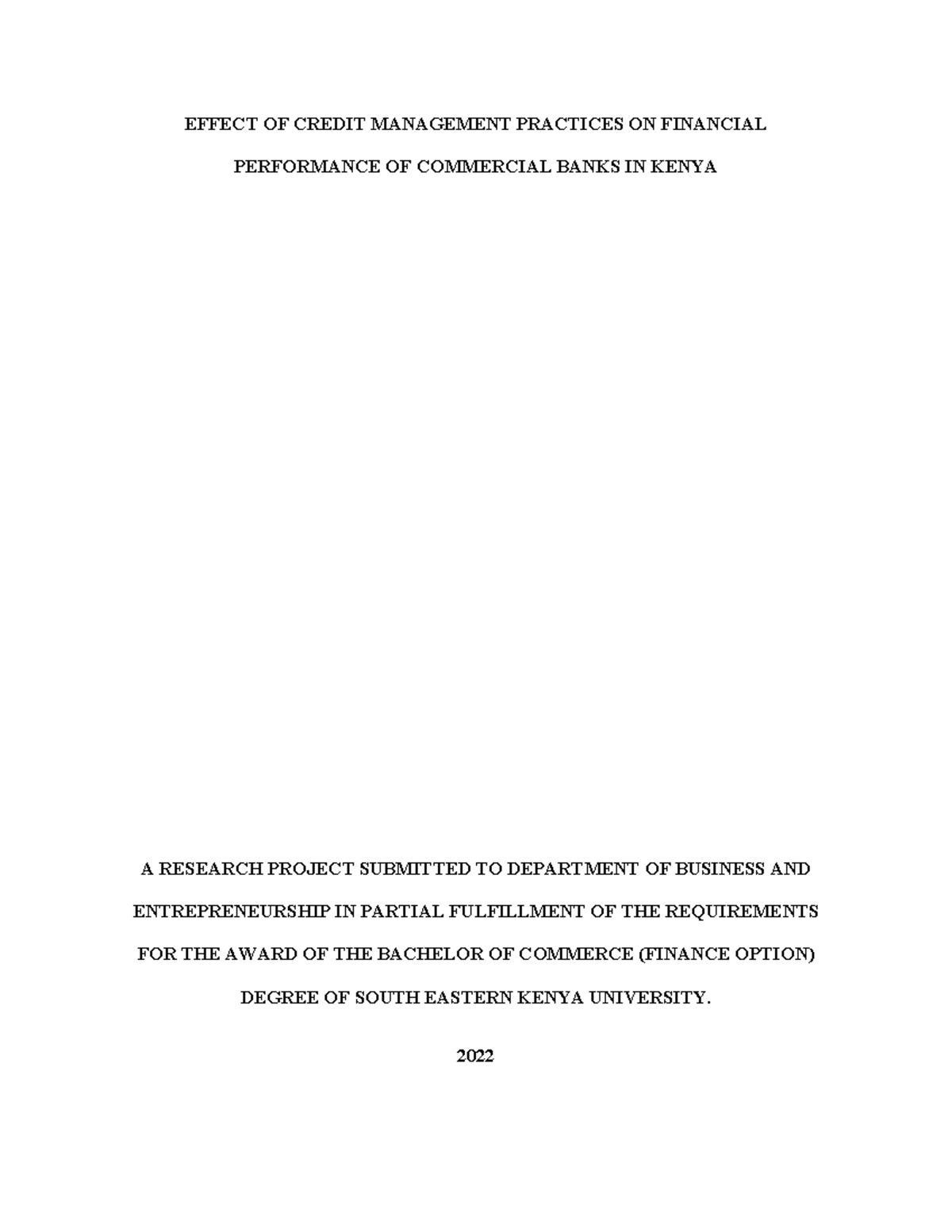 Final project - EFFECT OF CREDIT MANAGEMENT PRACTICES ON FINANCIAL PERFORMANCE OF COMMERCIAL ...
