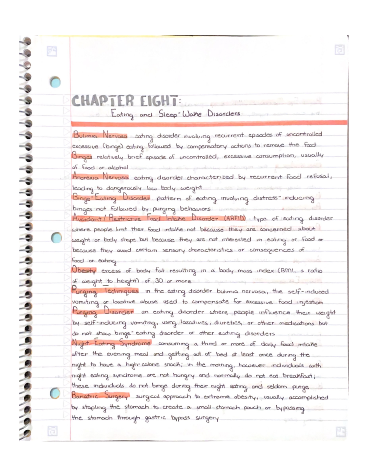 Chapter Eight Vocab Eating and Sleep-Wake Disorders - PSYC 276 - Studocu