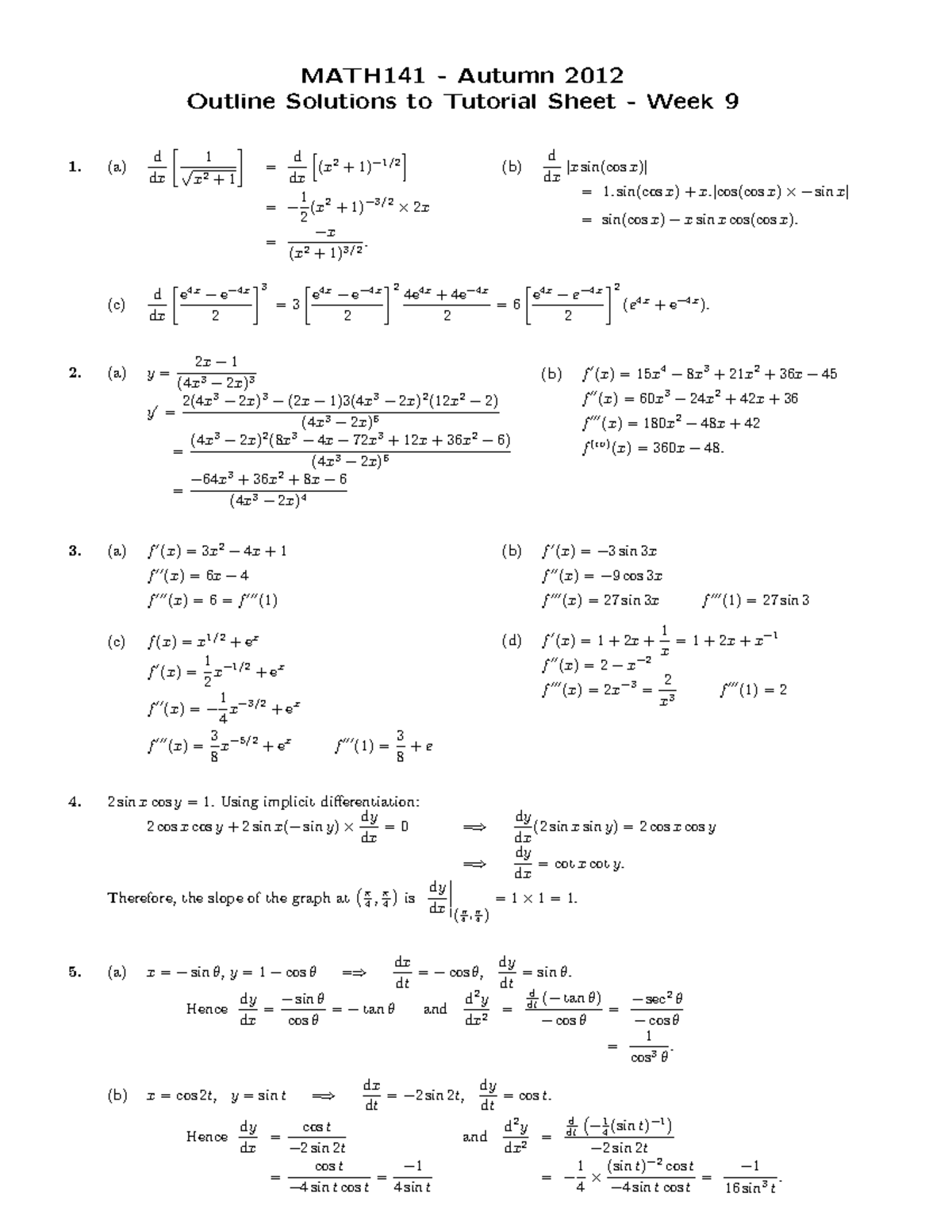 MATH141 Tutorial Solutions - MATH141 - Autumn 2012 Outline Solutions to Tutorial Sheet - Week 9 ...