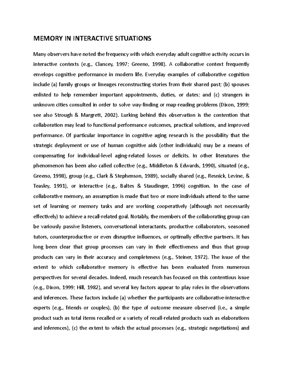 Memory IN Interactive Situations - MEMORY IN INTERACTIVE SITUATIONS ...