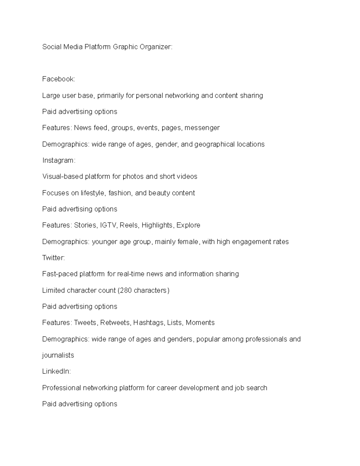 Social Media Platform Graphic Organizer - Social Media Platform Graphic ...