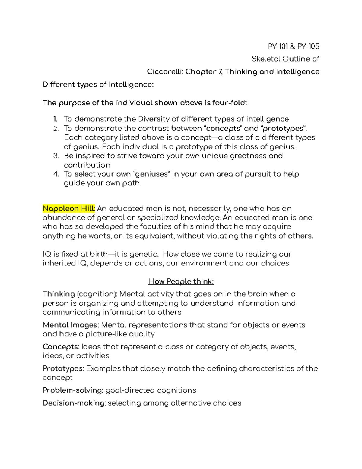 PY 105 Chapter 7 Notes - PY-101 & PY- Skeletal Outline of Ciccarelli ...