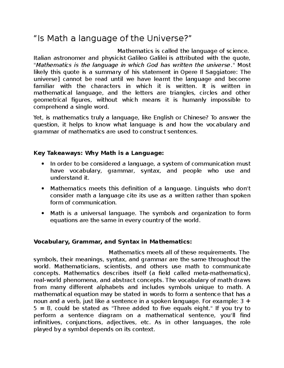 Mathematics of Modern World - “Is Math a language of the Universe ...