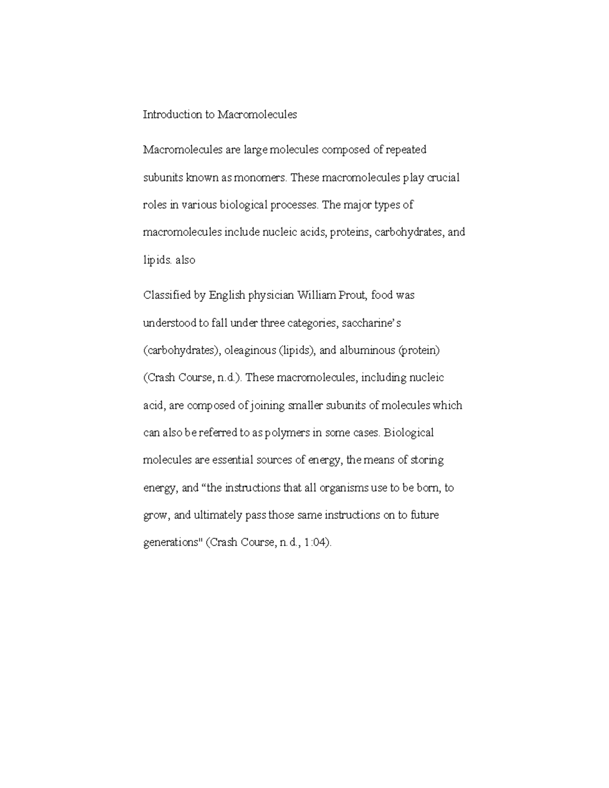CHEM 3212 WEEK 1 Written Assignment - Introduction to Macromolecules ...