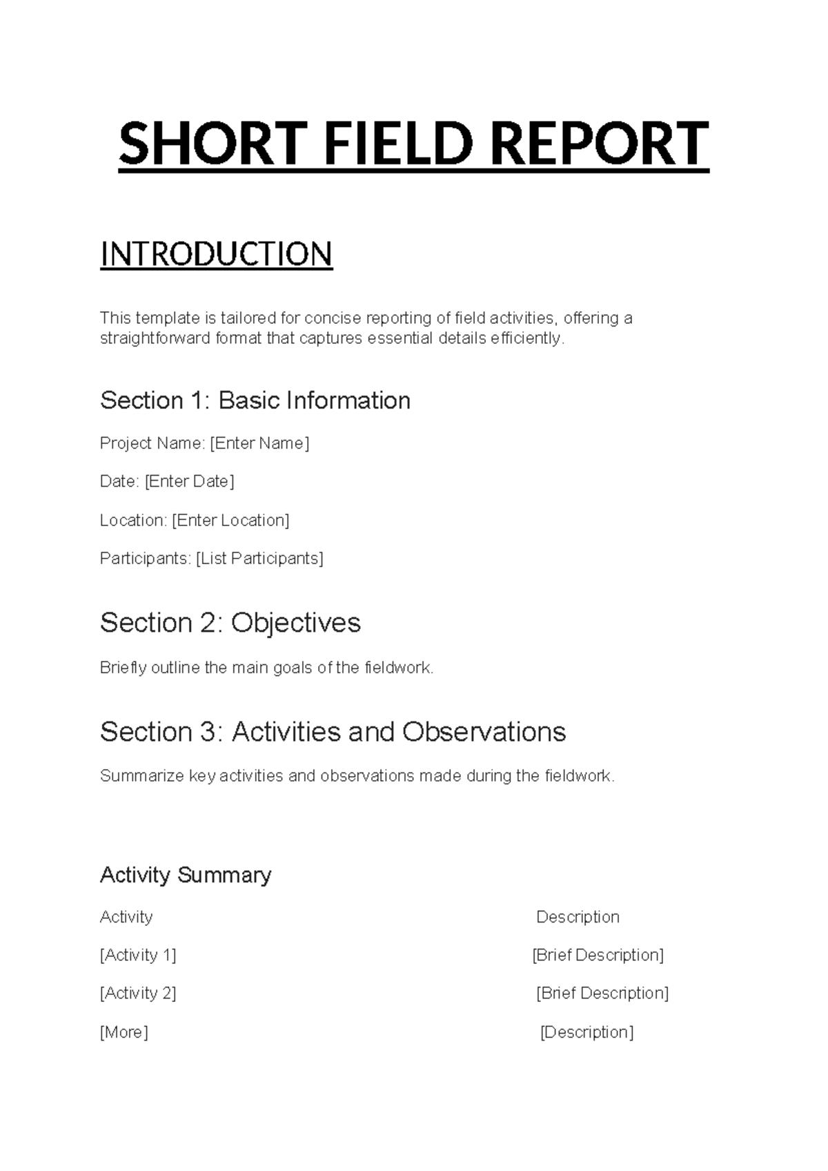 Short Field Report - SHORT FIELD REPORT INTRODUCTION This template is ...