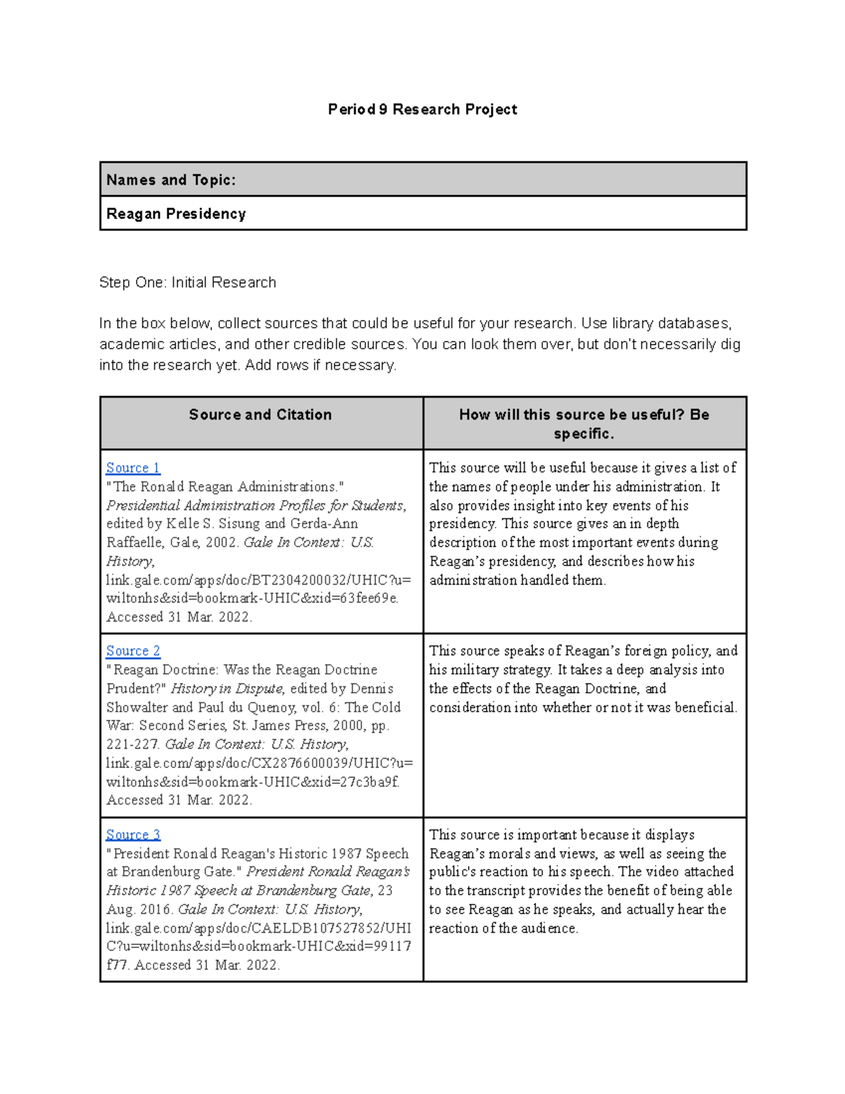 Reagan Presideny Research - Period 9 Research Project Names and Topic ...