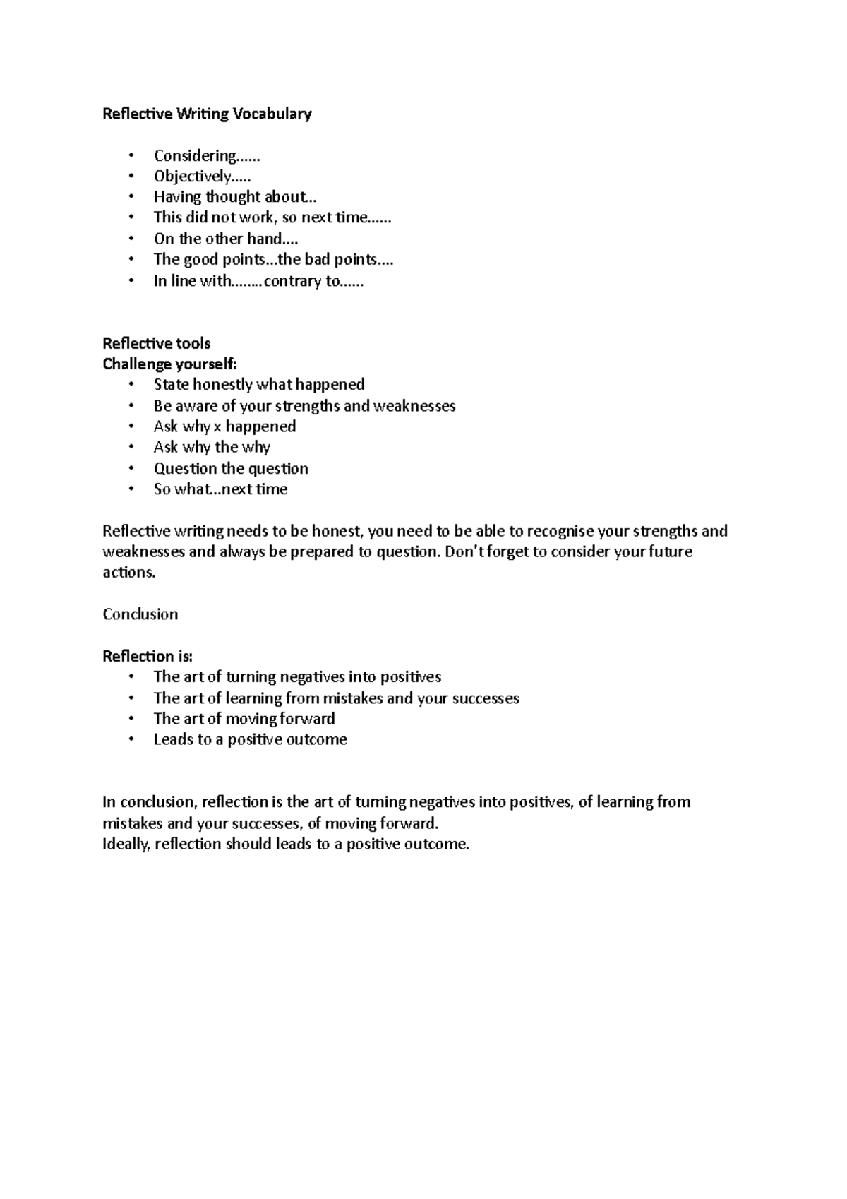 Reflective Writing Vocabulary - Reflective Writing Vocabulary ...