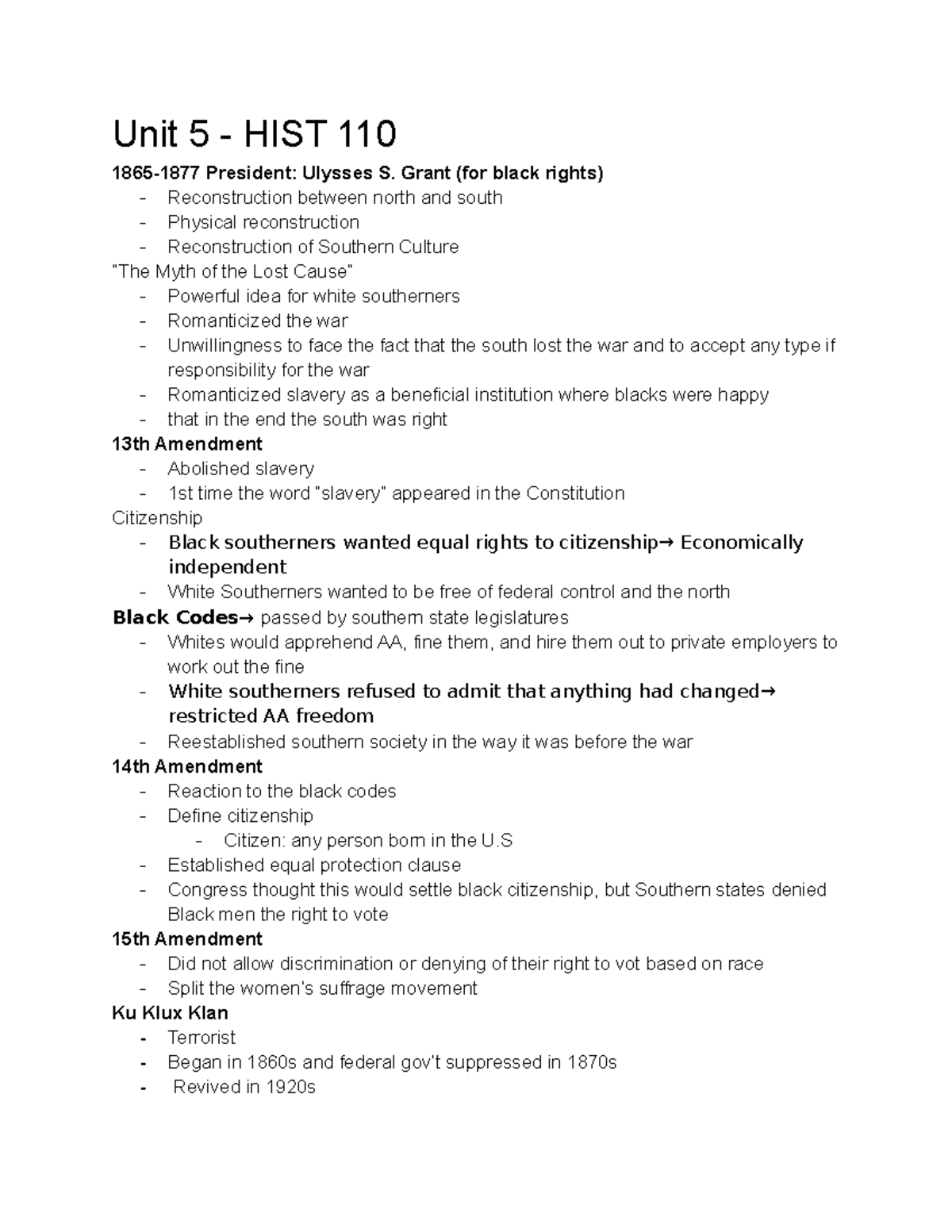 Unit 5 (Reconstruction) U.S 1865-1920 - Unit 5 - HIST 110 1865-1877 ...