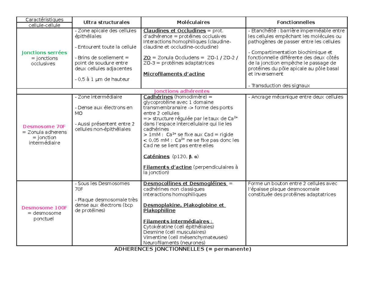 Tableau jonctions cellulaires - Caractéristiques Ultra structurales ...