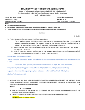 Data mining mid term exam - Birla Institute of Technology & Science, Pilani Work Integrated ...