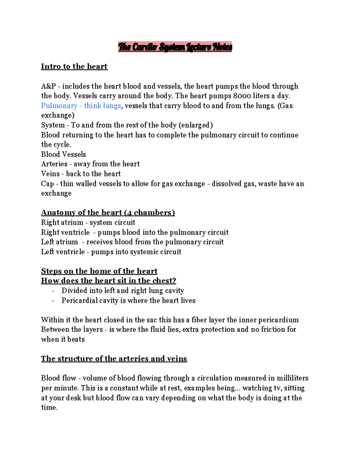 Cardio notes ap sd - Cardi Syste Lectur Note Intro to the heart A&P ...