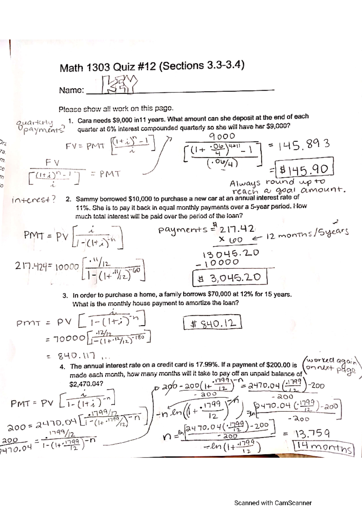 03Q12 Key - Precalculus for Business lesson 12 Quiz Key - Math 1303 ...