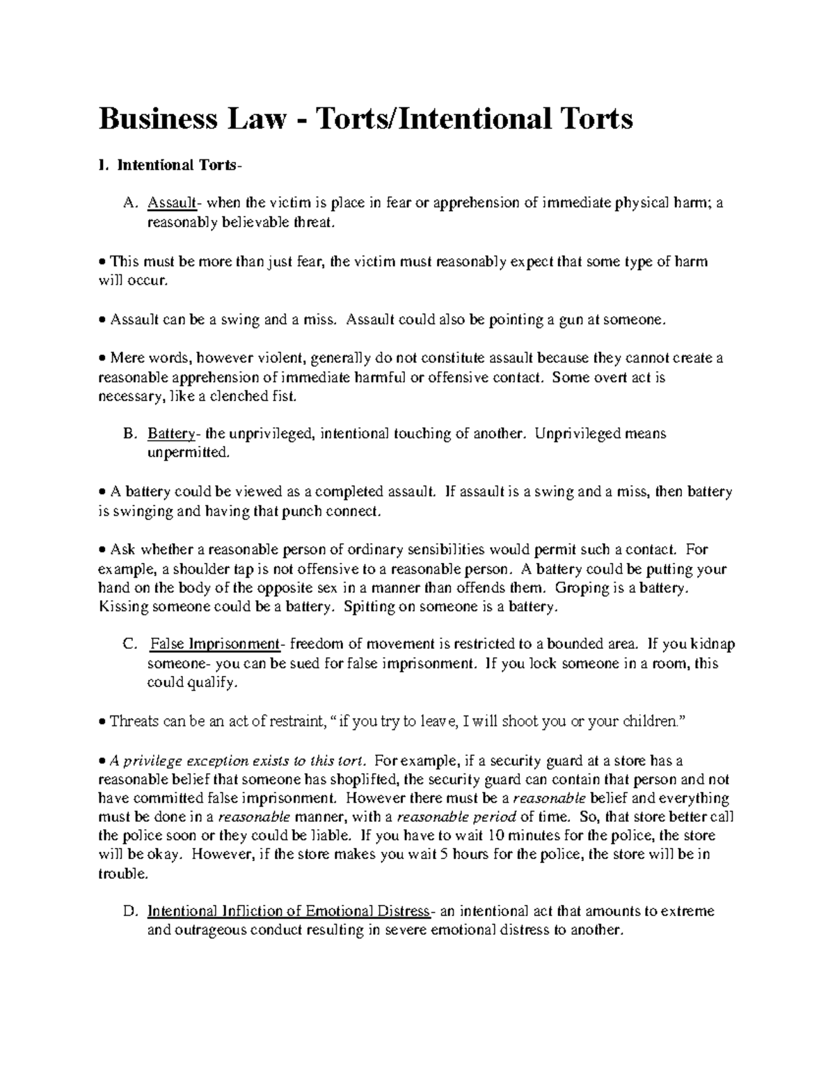 Business Law Intentional Torts copy - BUS 107 - MCCC - Studocu