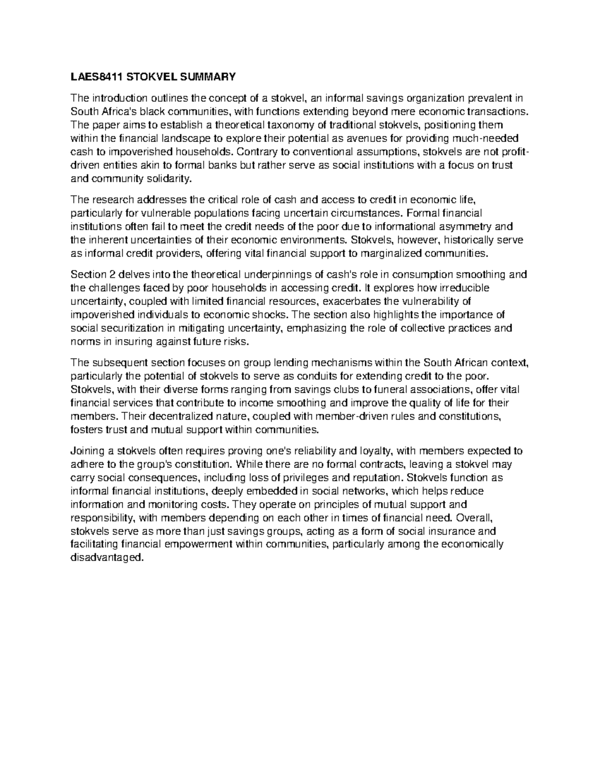 LAES8411 Stokvel Summary - LAES8411 STOKVEL SUMMARY The introduction ...
