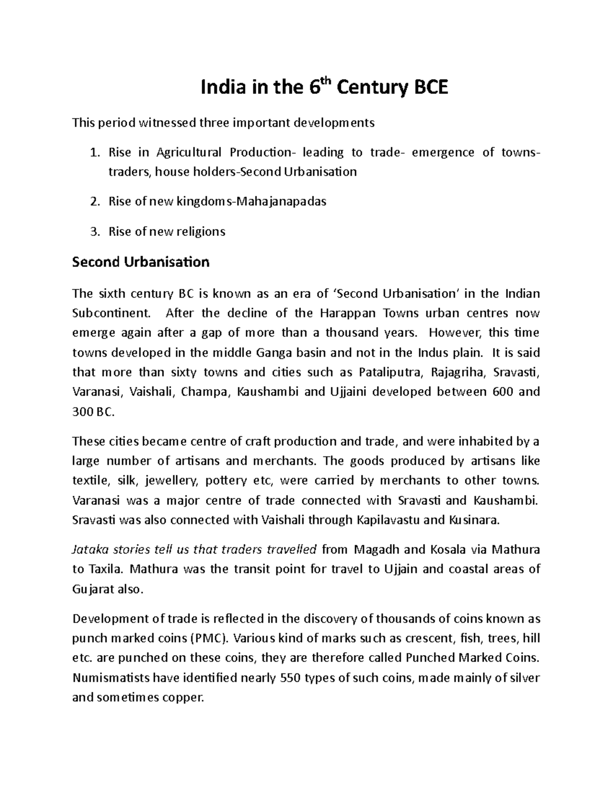 India In The 6th C BCE 1st SEMESTER Notes India In The 6th Century