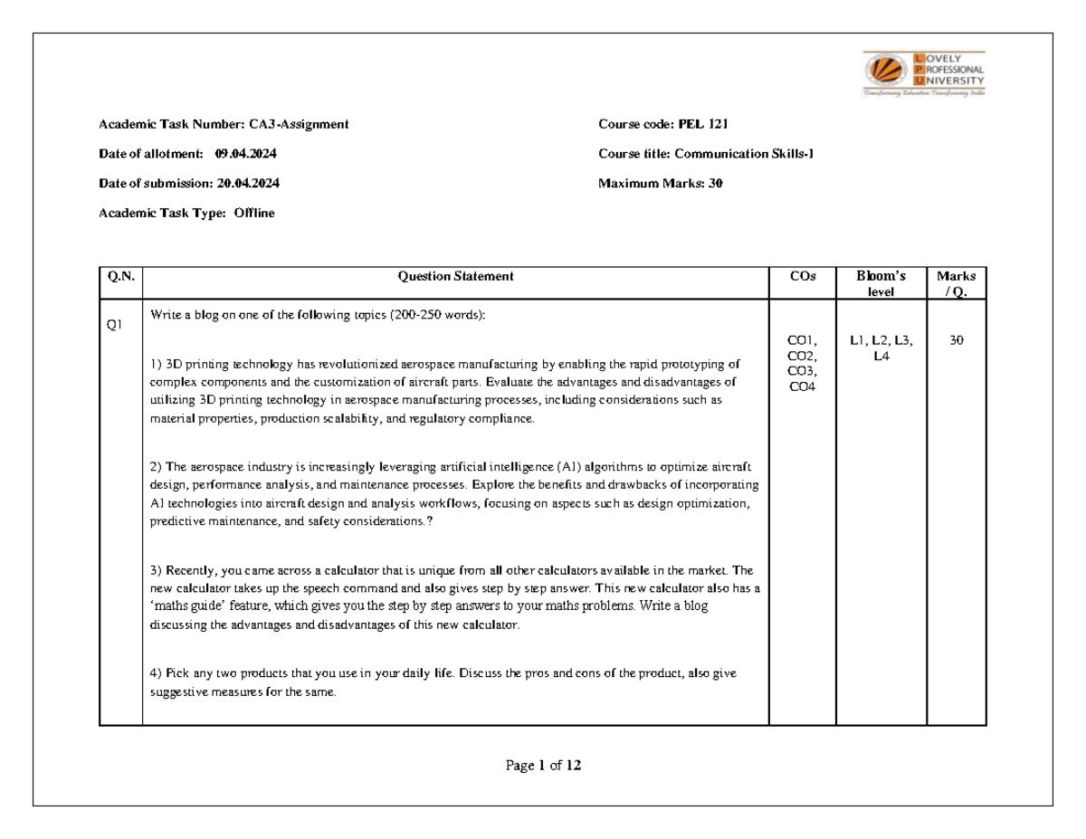 CA3 PEL121 Assignment final - Academic Task Number: CA3-Assignment Course code: PEL 121 Date of ...