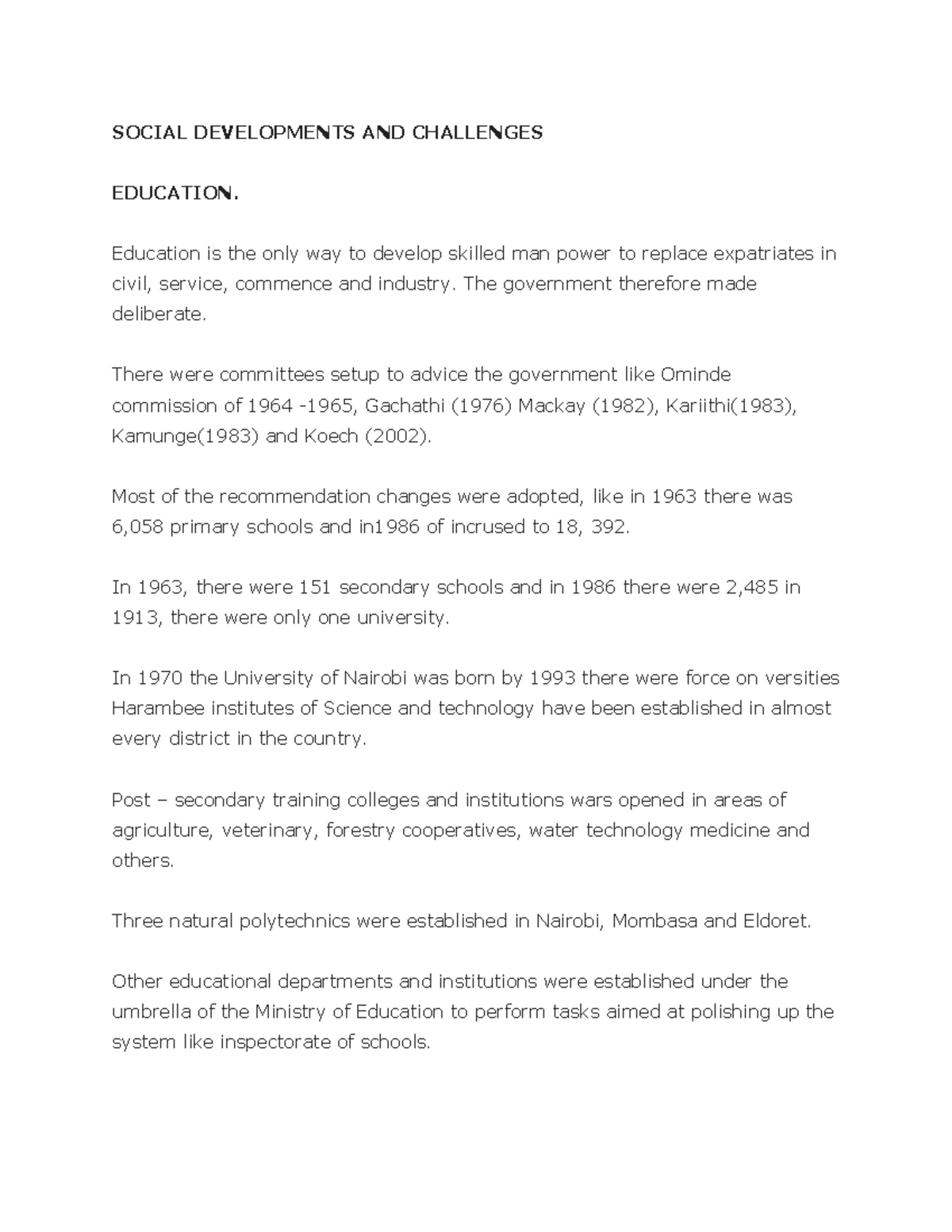 103 - history notes - SOCIAL DEVELOPMENTS AND CHALLENGES EDUCATION ...