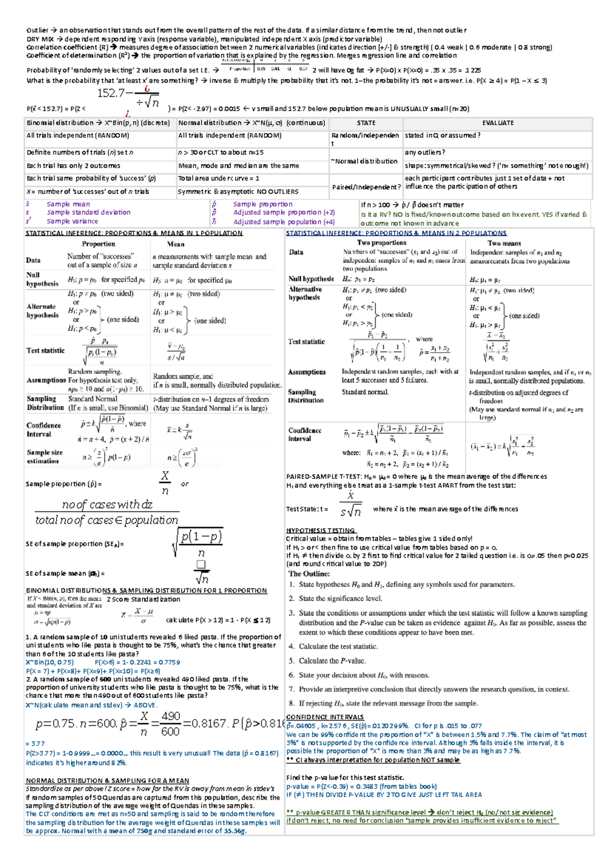 MAS183 stats cheat sheet - Outlier an observaion that stands out from ...