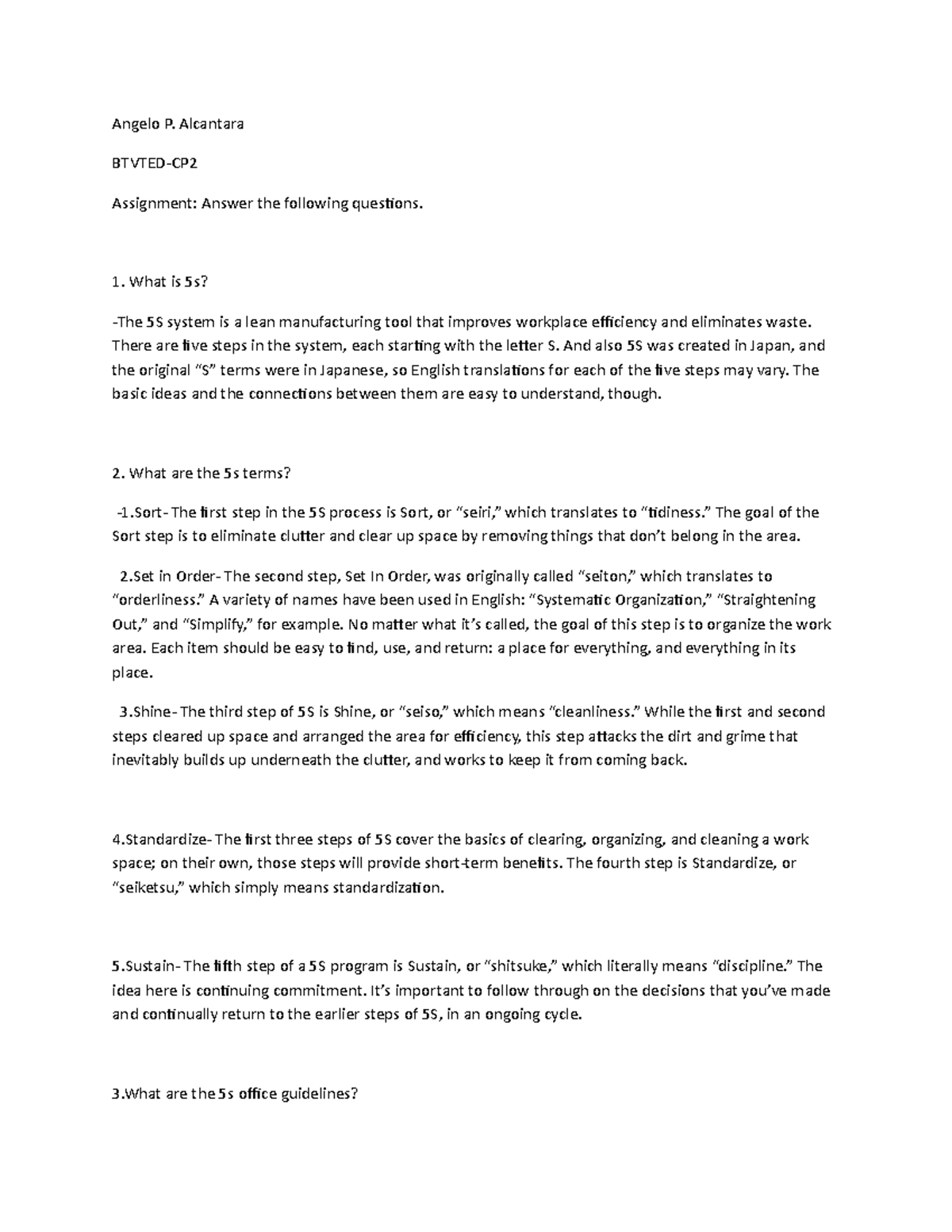 Midterm Assignment (5s) - Angelo P. Alcantara BTVTED-CP Assignment: Answer the following ...