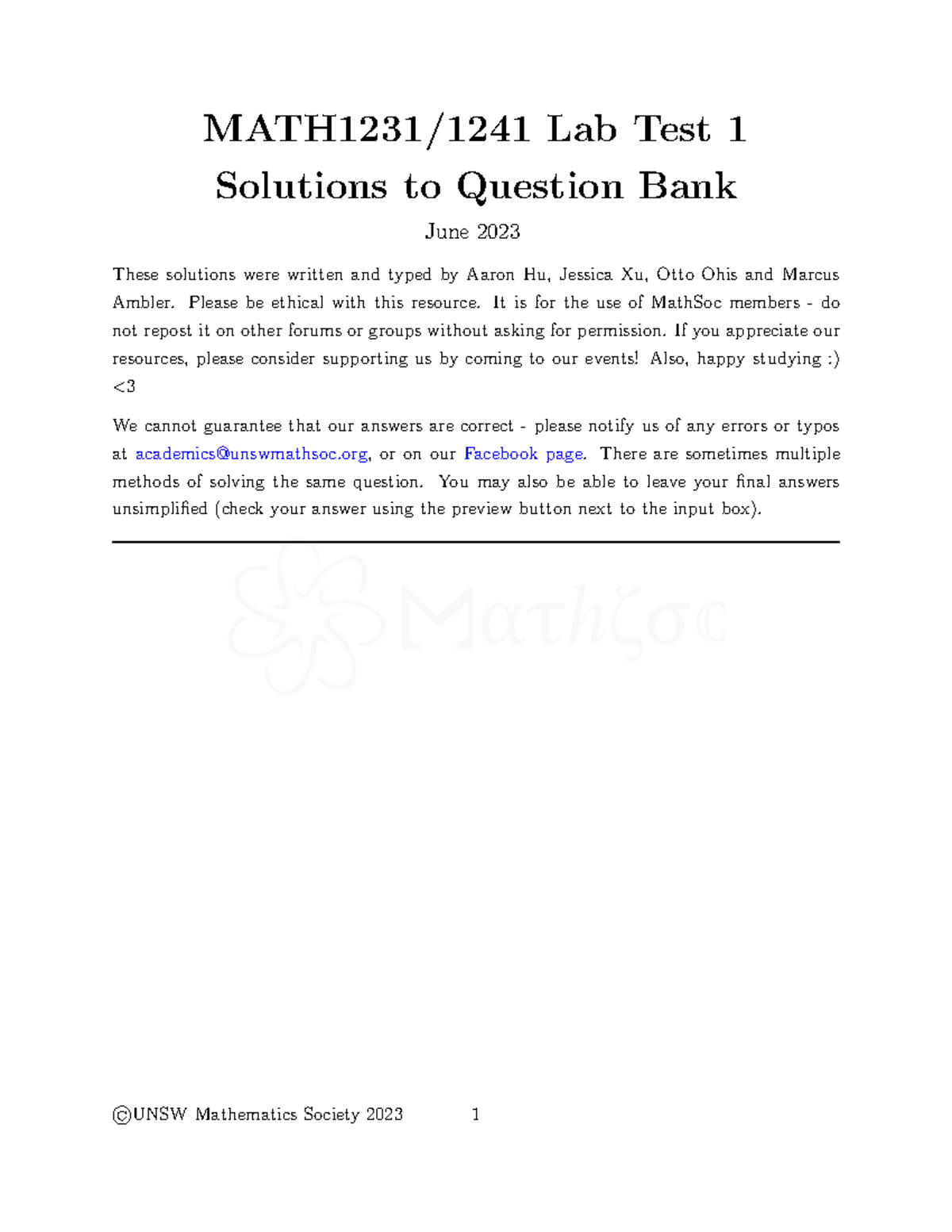 MATH1231 1241 Lab Test 1 - Please be ethical with this resource. It is ...