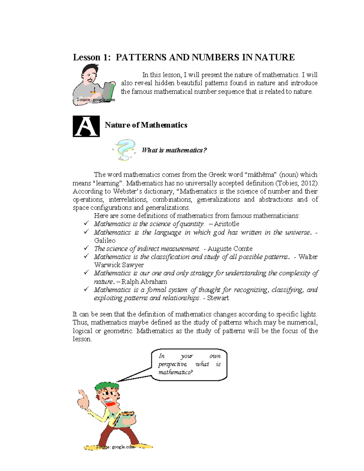 1Mathematics in Our World - Lesson 1: PATTERNS AND NUMBERS IN NATURE In ...