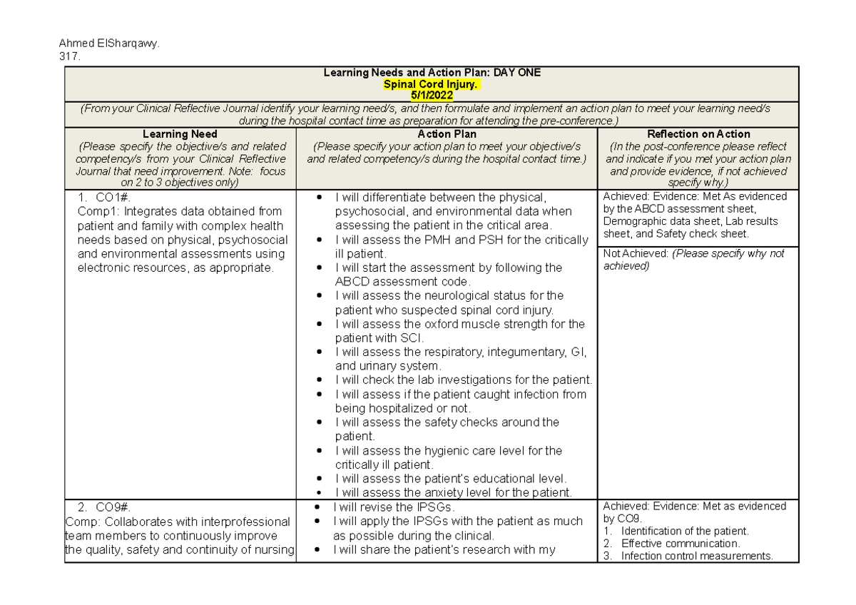 Learning Needs and Action Plan NU 202 ( SCI) - Learning Needs and ...