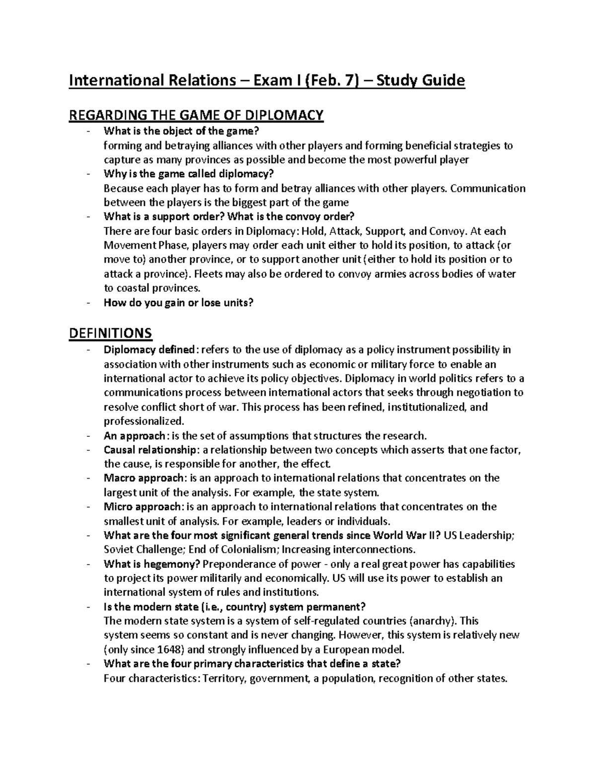 International Relations Exam I Study Guide - Studocu