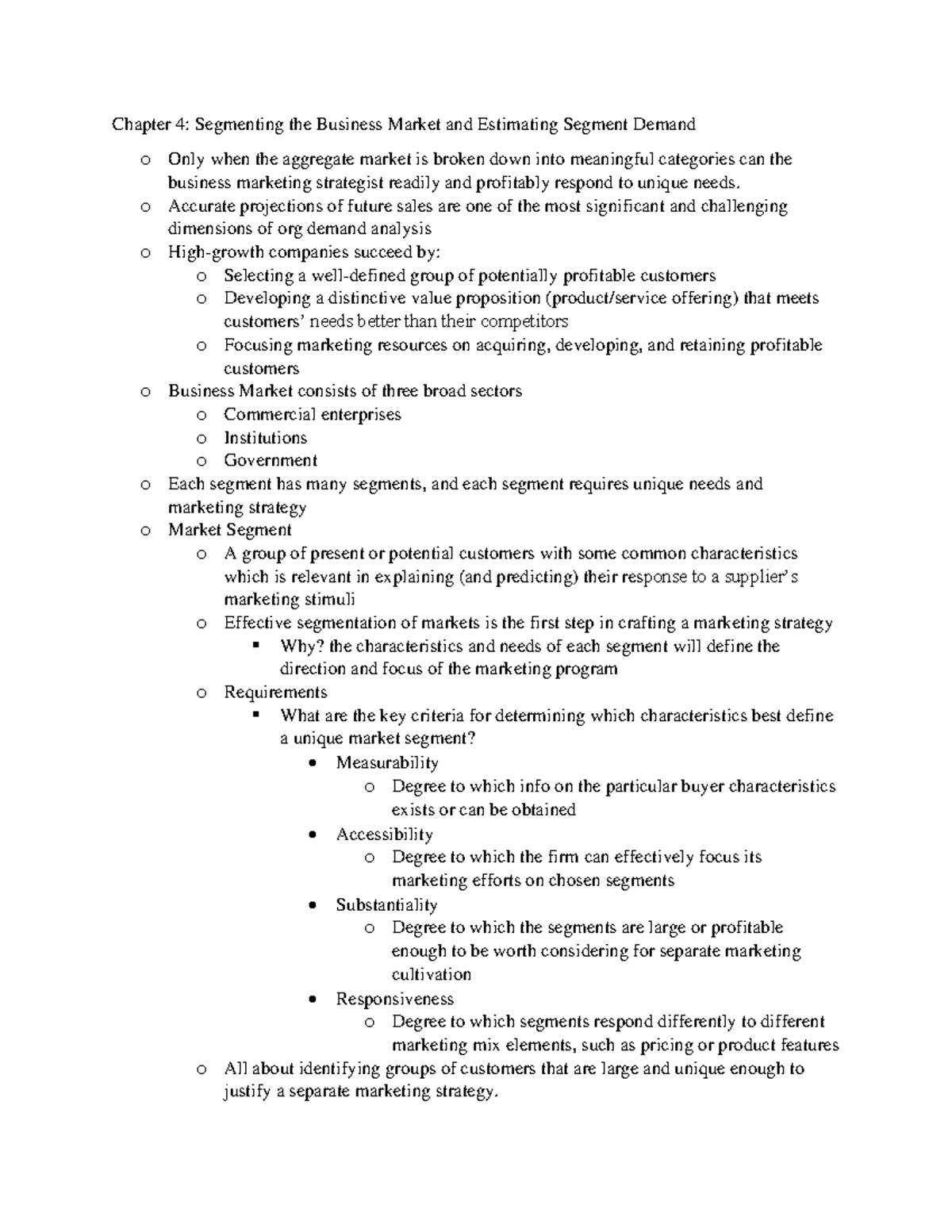 Chapter 4- MKTG 336 - Chapter 4: Segmenting the Business Market and Estimating Segment Demand o ...