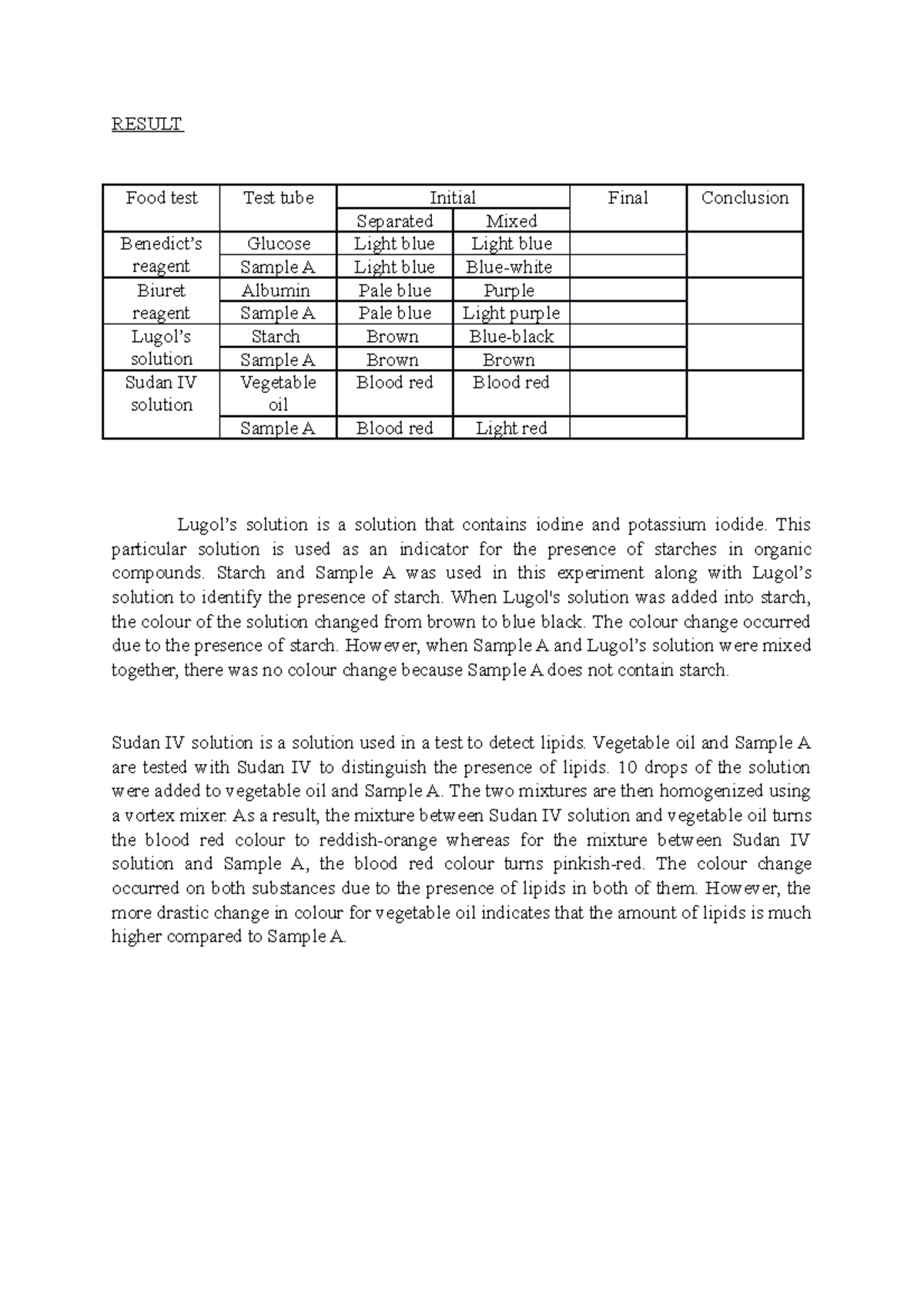 Result experiment 1 biology - RESULT Food test Test tube Initial Final ...