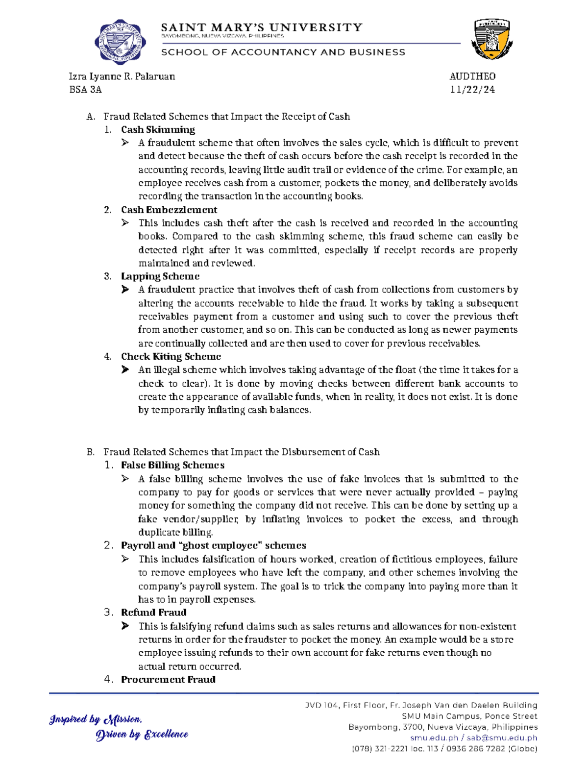cash fraud scheme - Izra Lyanne R. Palaruan AUDTHEO BSA 3A 11/22/ A ...