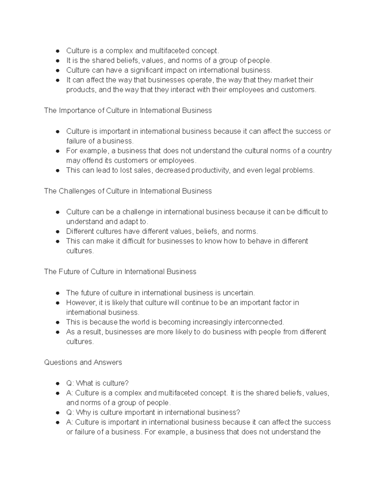 Lecture 26 The Role of Culture in International Business - Culture is a ...