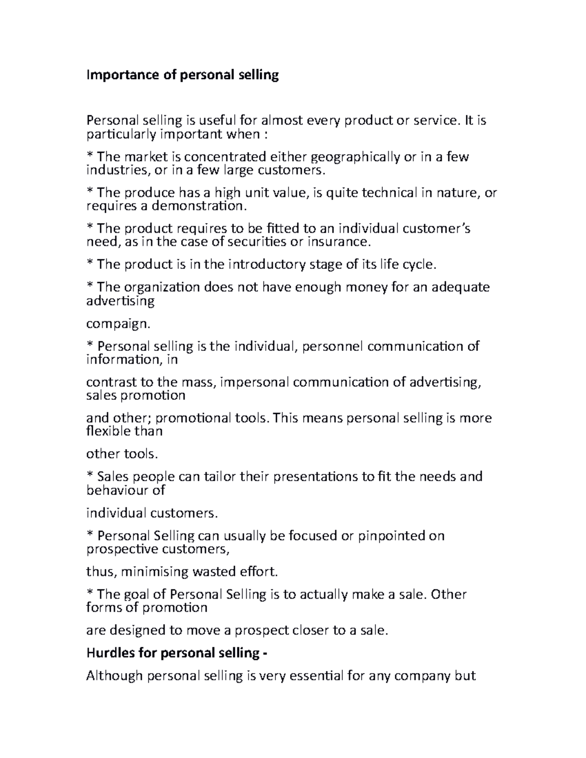 Importance of personal selling and Hurdles for personal selling ...