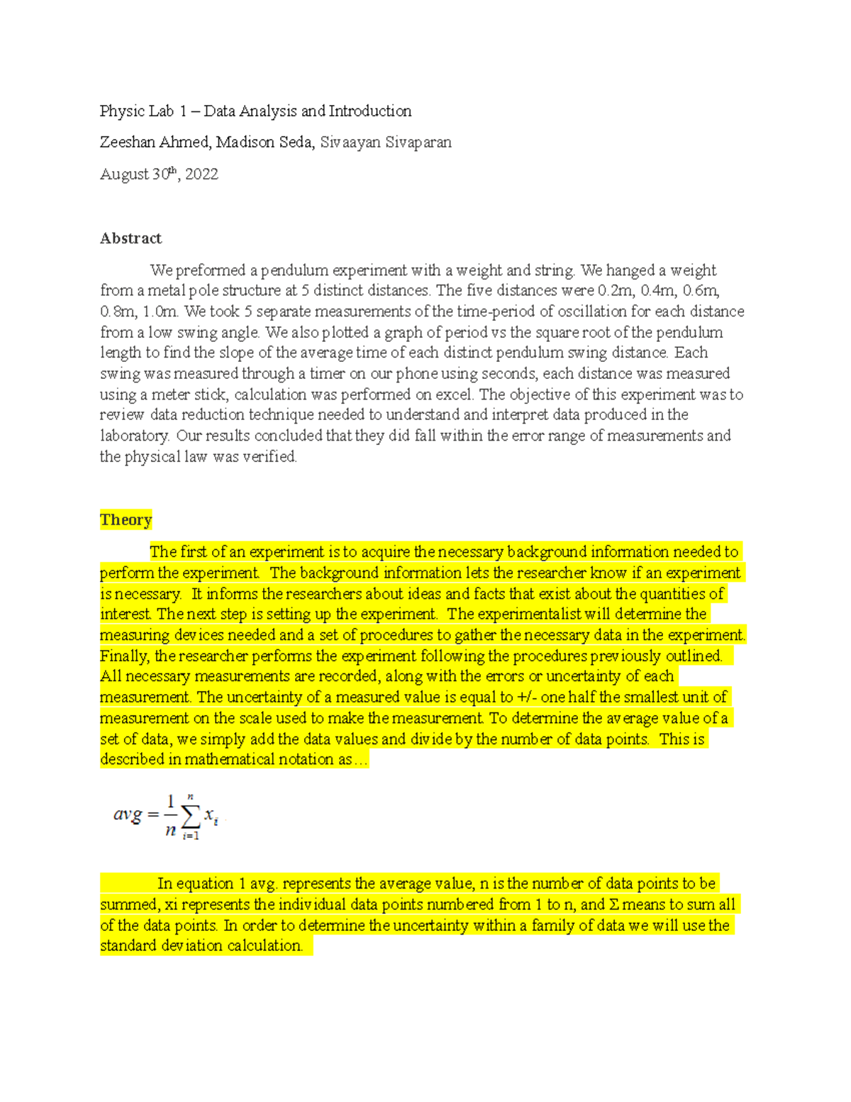 Physic Lab 1 Lab Physic Lab 1 Data Analysis And Introduction Zeeshan Ahmed Madison Seda