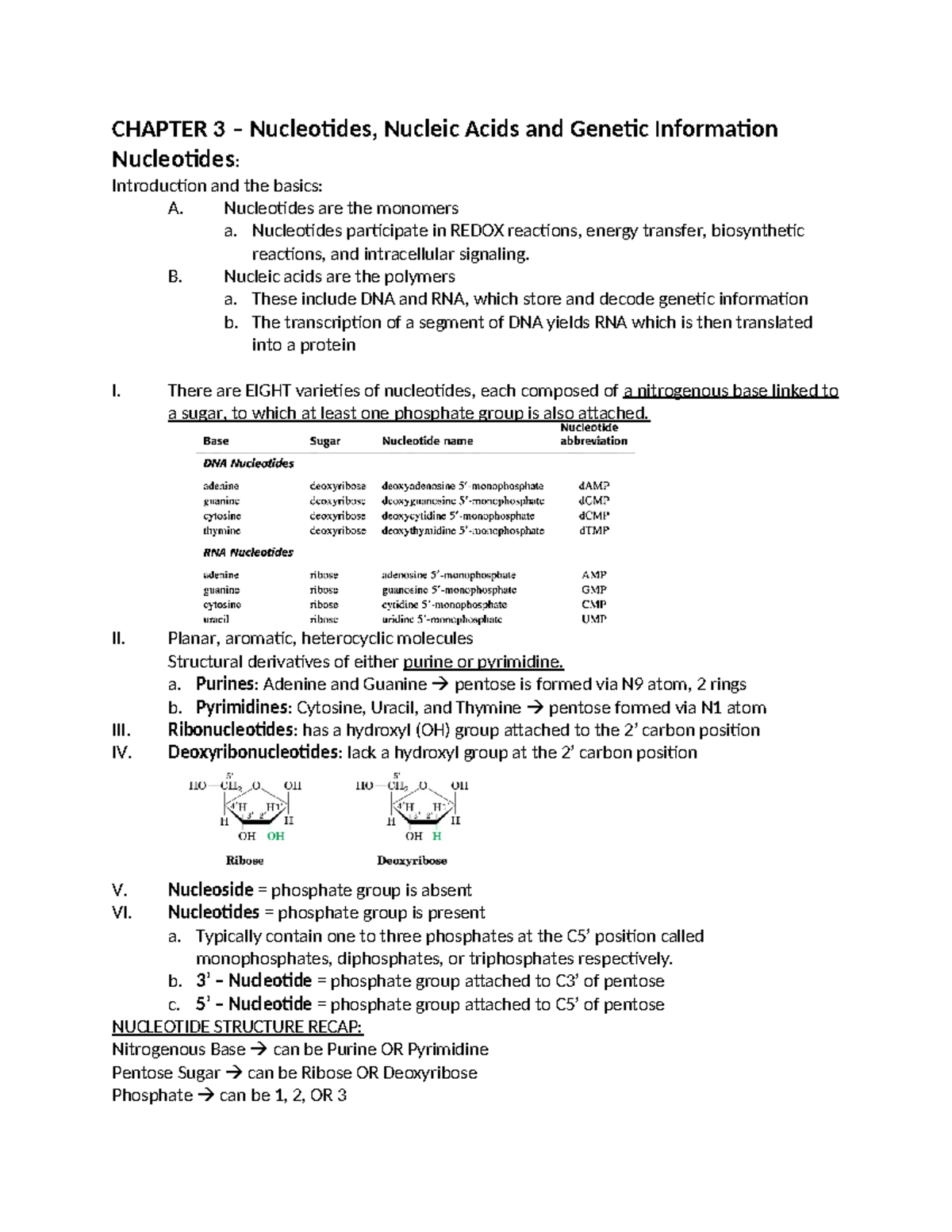 Biochemistry Notes - Unit 1 - CHAPTER 3 – Nucleotides, Nucleic Acids ...