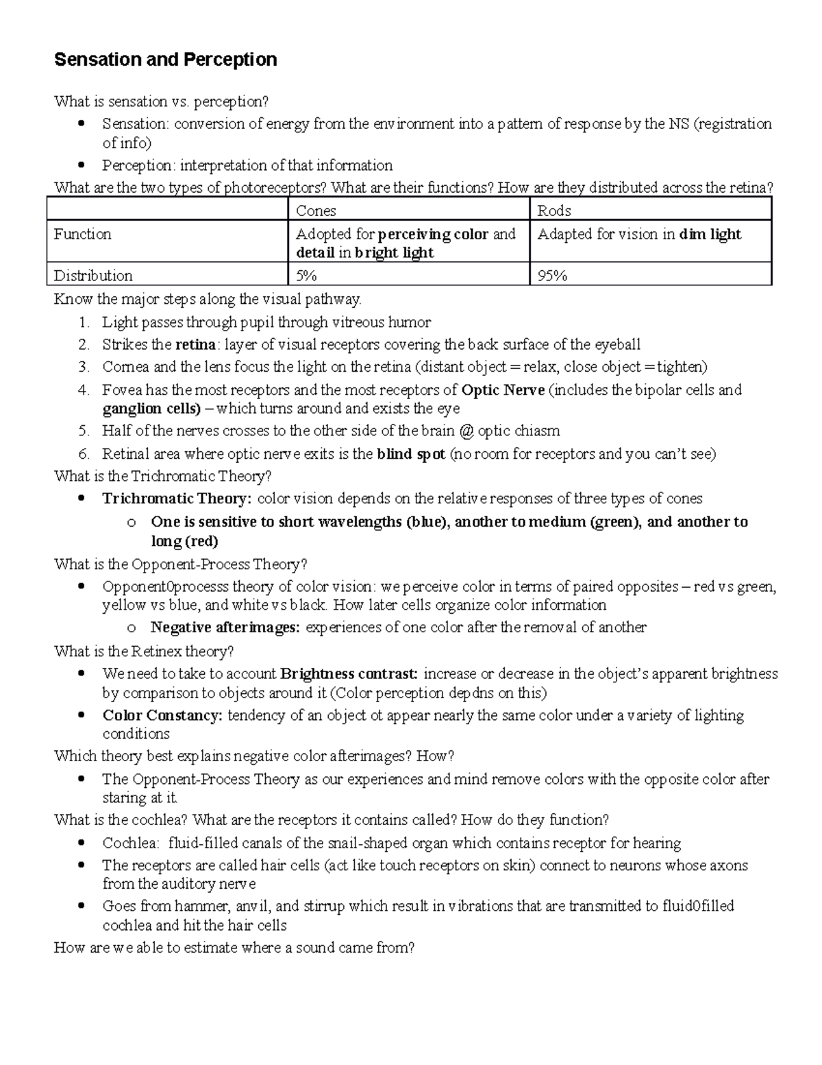 Chapter 4 Study Guide - Sensation and Perception What is sensation vs ...