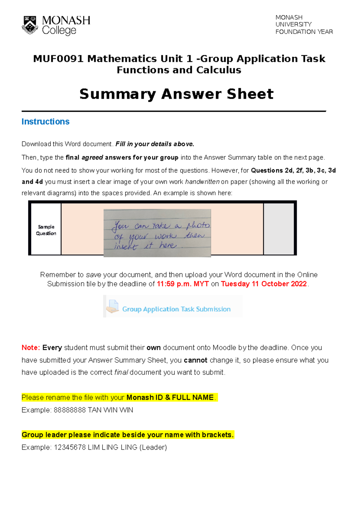 Math Group Task - MUF0091 Mathematics Unit 1 -Group Application Task ...