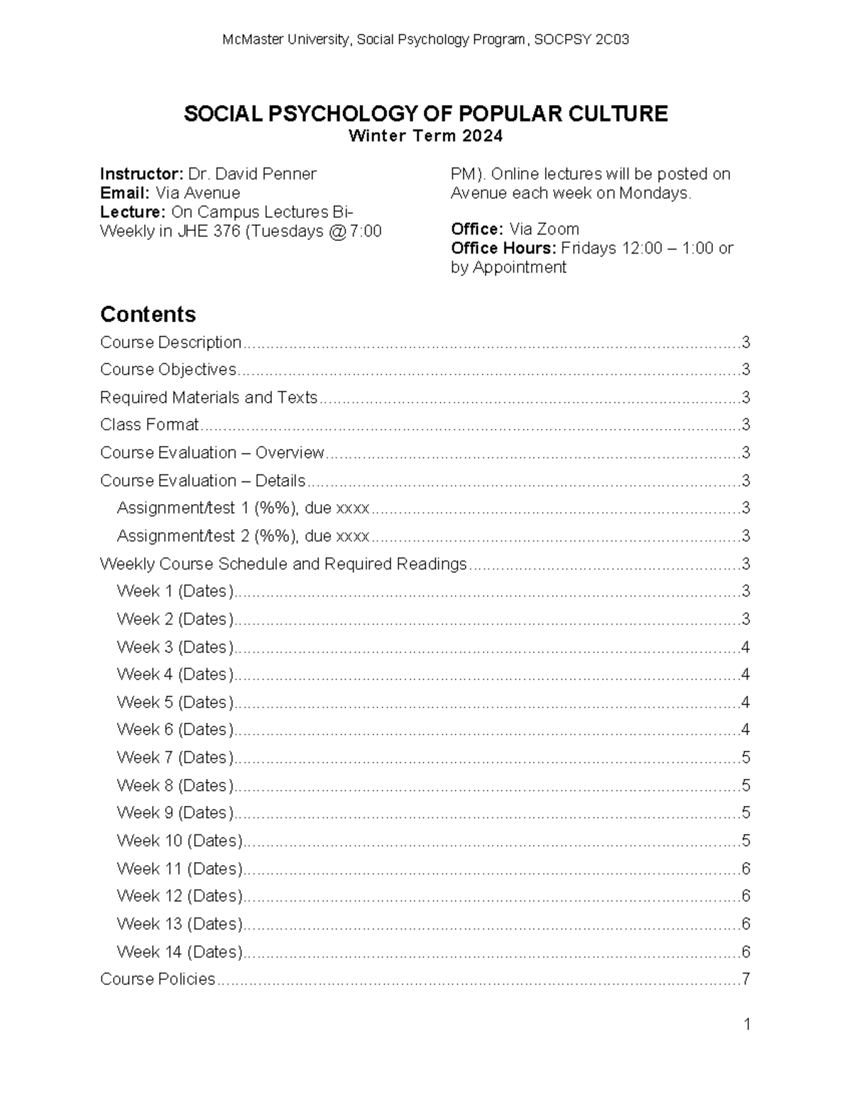 S Ocpsy 2C03 Winter 2024 - SOCIAL PSYCHOLOGY OF POPULAR CULTURE Winter ...