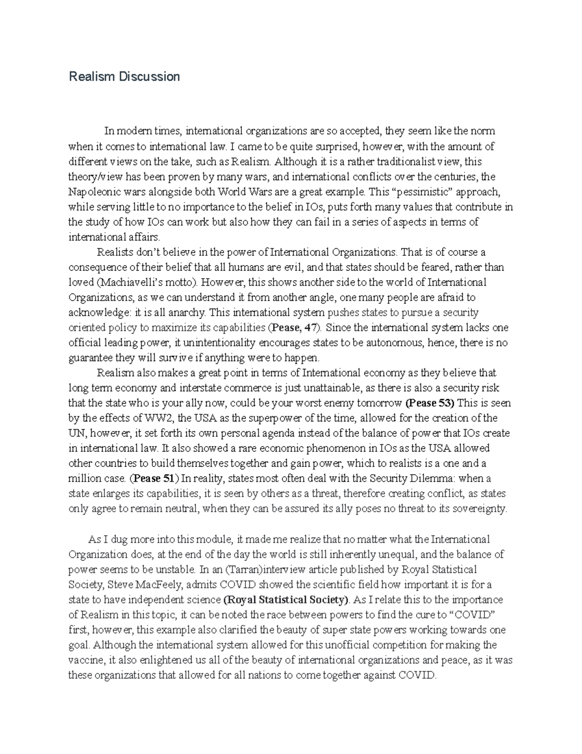 Discussion Essay - Realism Discussion In modern times, international ...