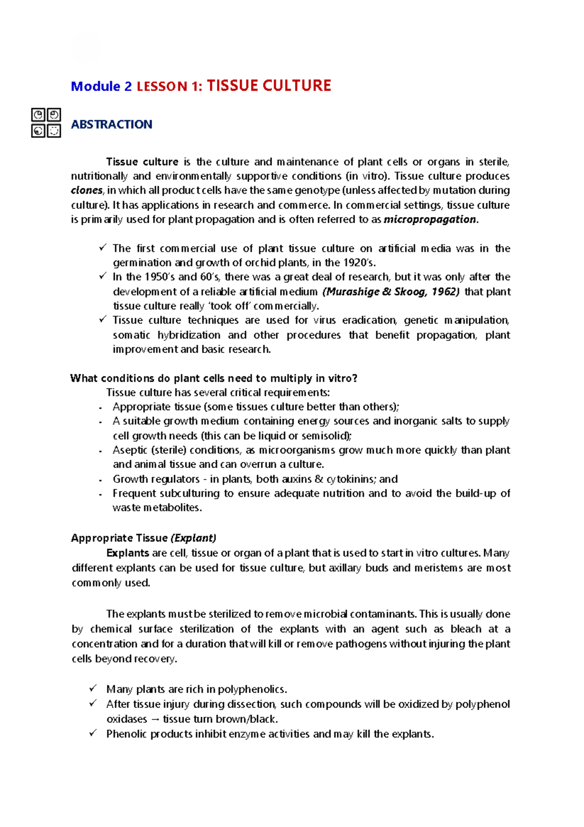 Module 2 Lesson 1 Tissue Culture - Module 2 LESSON 1: TISSUE CULTURE ABSTRACTION Tissue culture ...