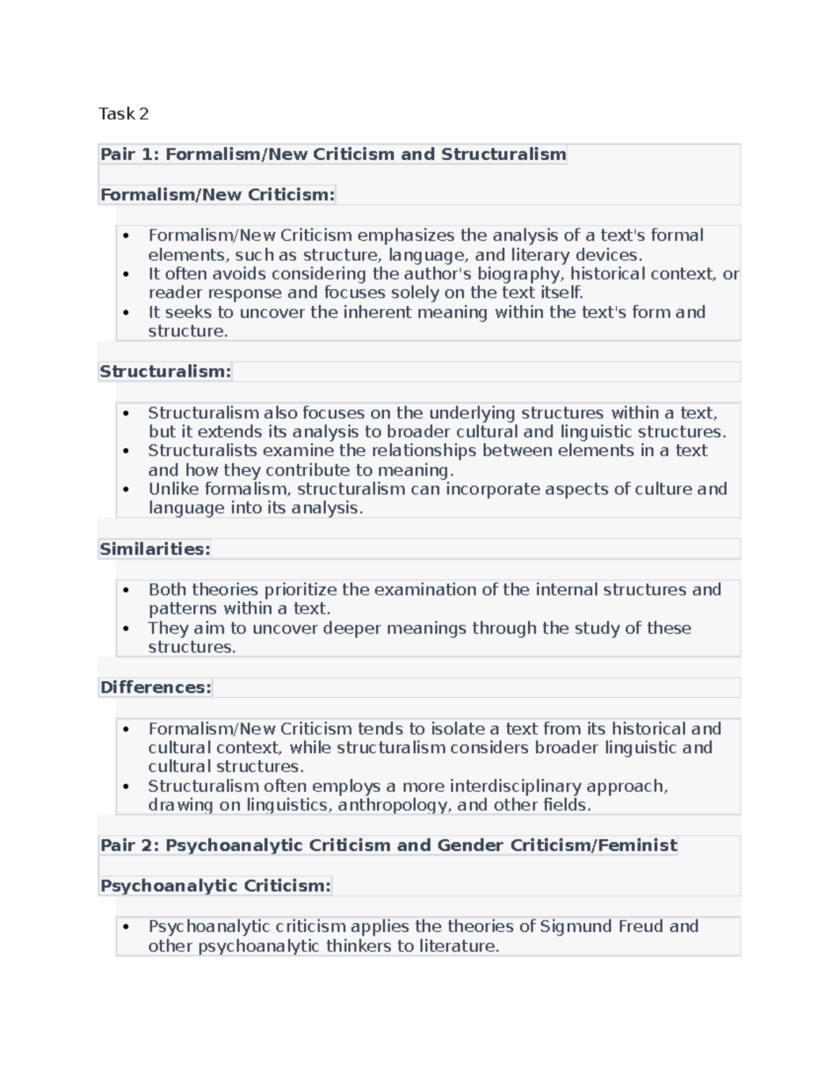 EM18 - note - Task 2 Pair 1: Formalism/New Criticism and Structuralism Formalism/New Criticism ...