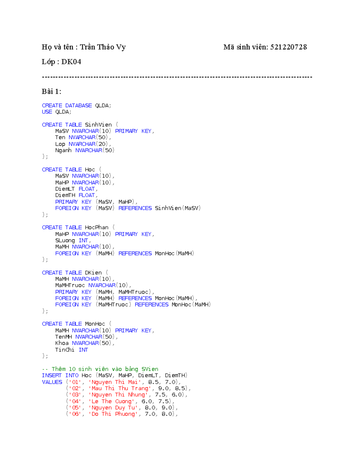 Trần Thảo Vy SQL LAB11 - Họ và tên : Trần Thảo Vy Mã sinh viên ...