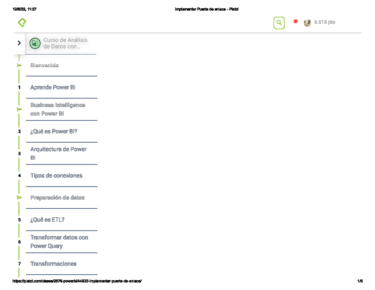 Implementar Puerta de enlace - Platzi - Bases de datos - PowerBI - Studocu