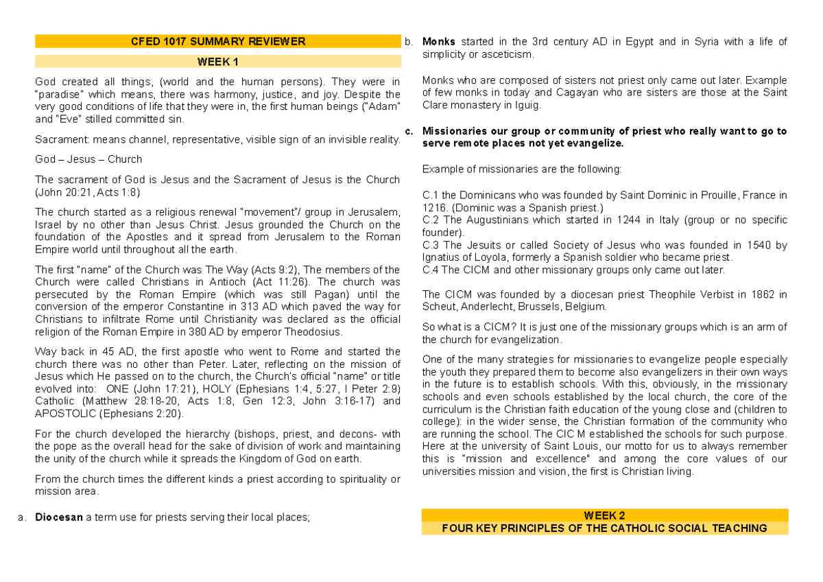 CFED 1 0 1 7 Summary Reviewer - CFED 1017 SUMMARY REVIEWER WEEK 1 God created all things, (world ...