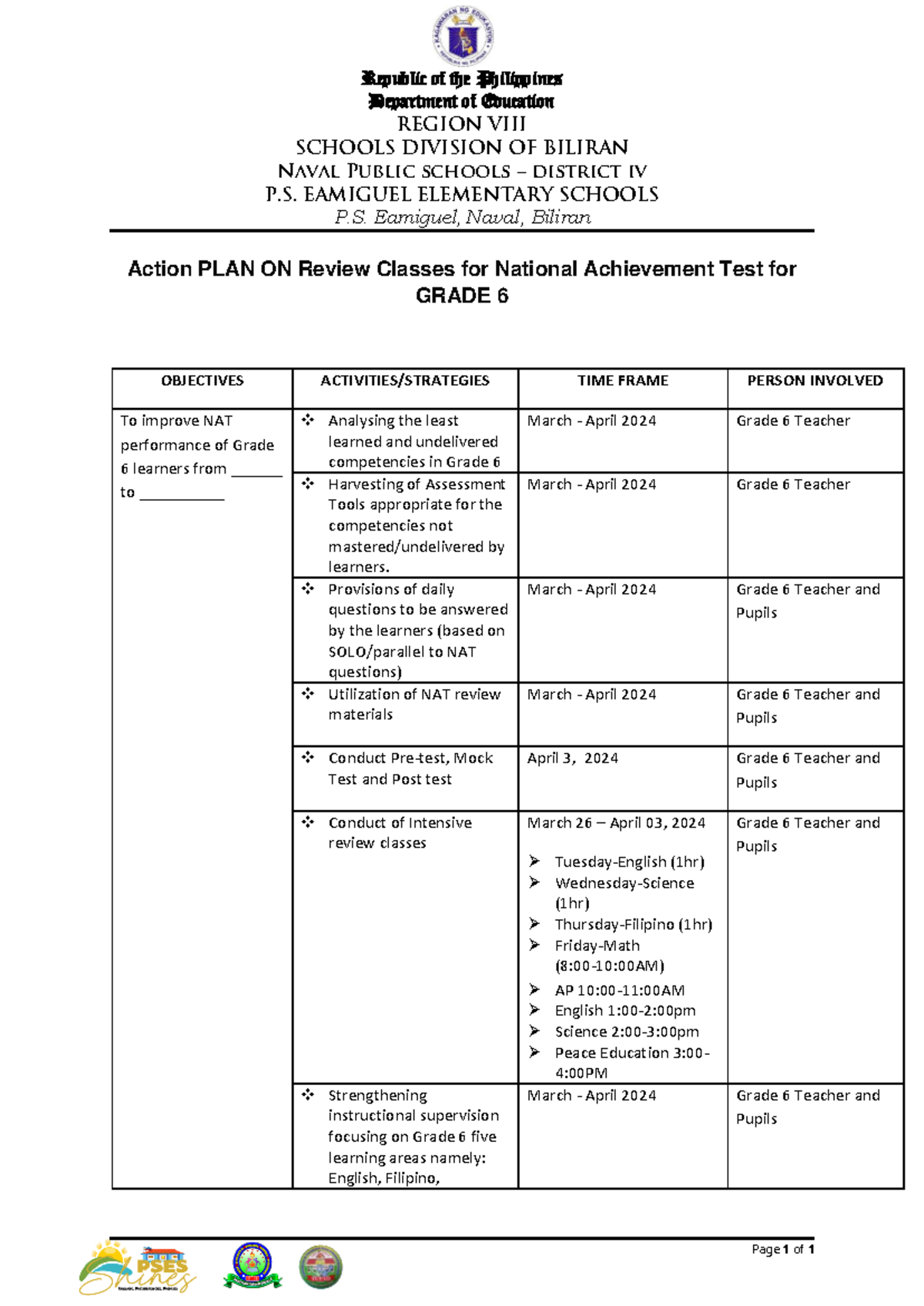 Action PLAN FOR NAT & Ellna - Republic of the Philippines Department of ...