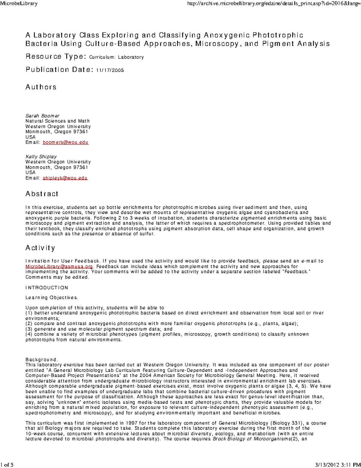 A Laboratory Class Exploring and Classifying Anoxygenic - A La b o r a ...
